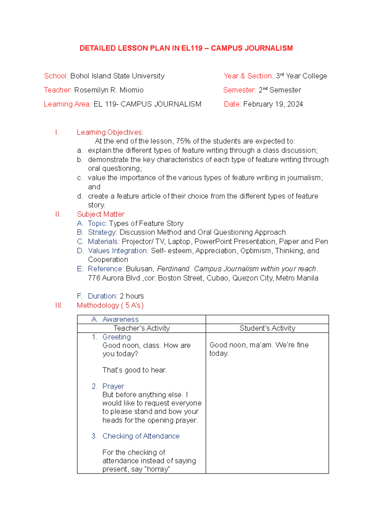 RM Detailed- Lesson-PLAN-IN-EL119-3 - DETAILED LESSON PLAN IN EL119 – CAMPUS JOURNALISM School ...