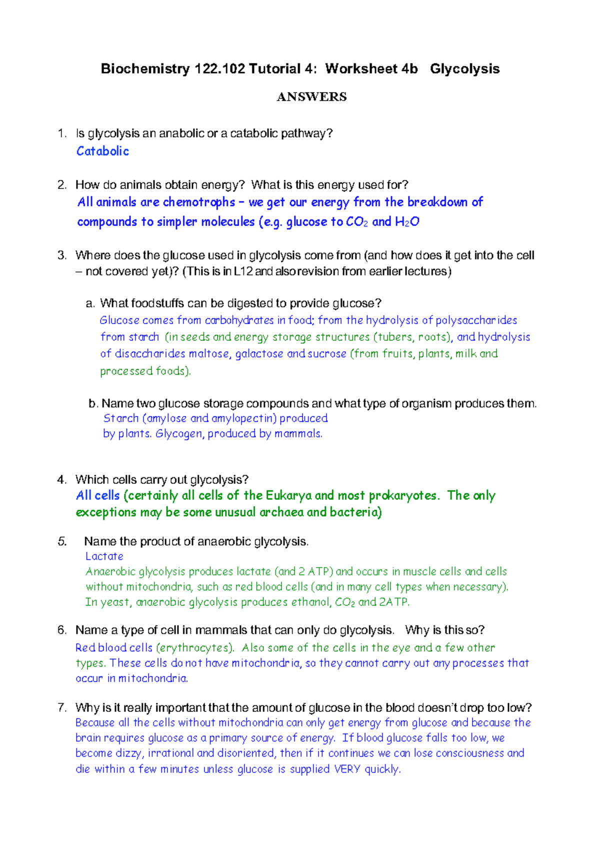 Week 4 Worksheet 4b glycolysis answers - Biochemistry 122 Tutorial 4 ...