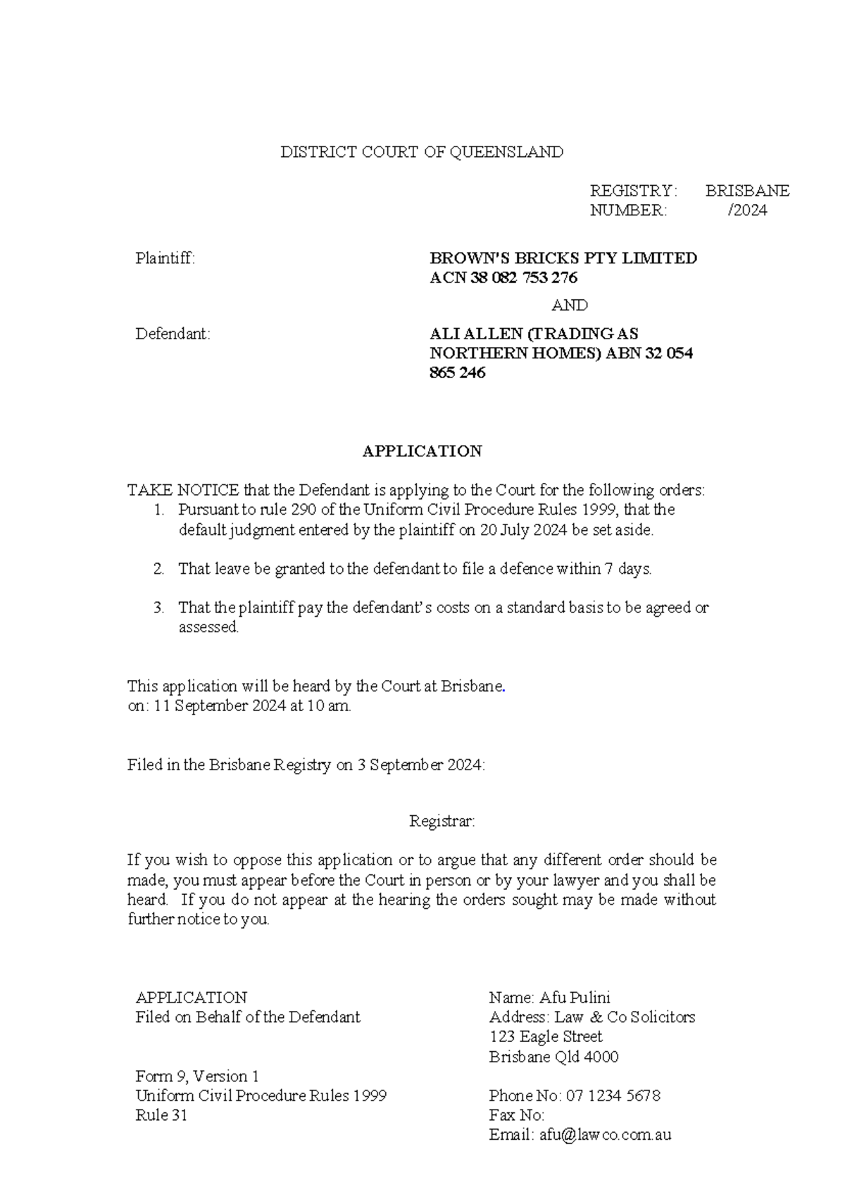 CL T2 A1 Form 9 - CL T2 A1 Form 9 - DISTRICT COURT OF QUEENSLAND ...