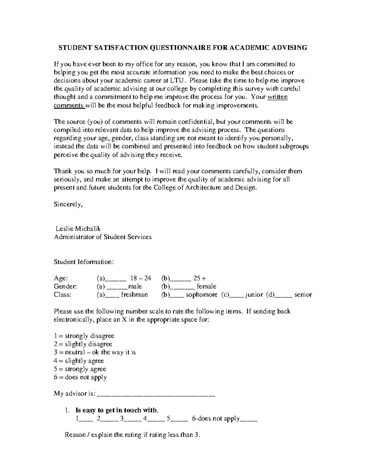 Form student satisfaction questionnaire advising - STUDENT SATISFACTION ...
