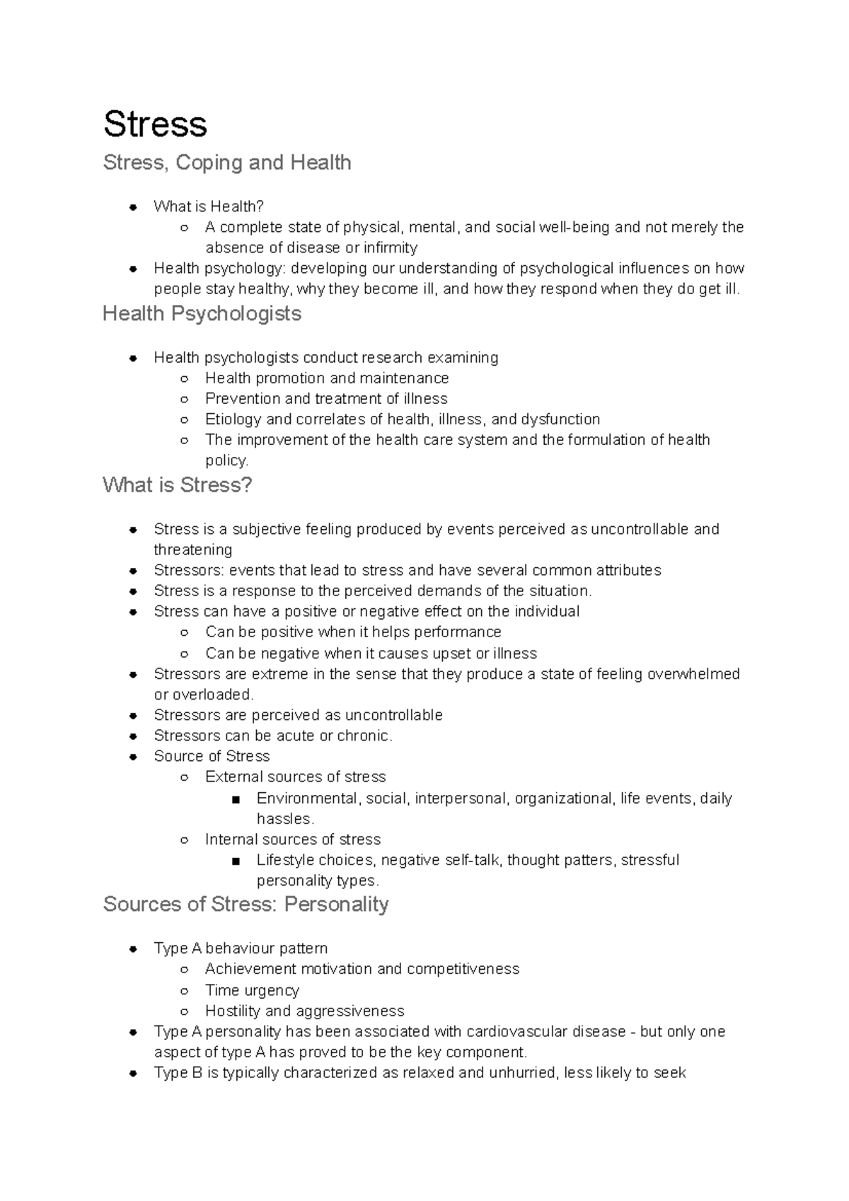 PSYC 1002 - Stress - Stress Stress, Coping and Health What is Health? A ...