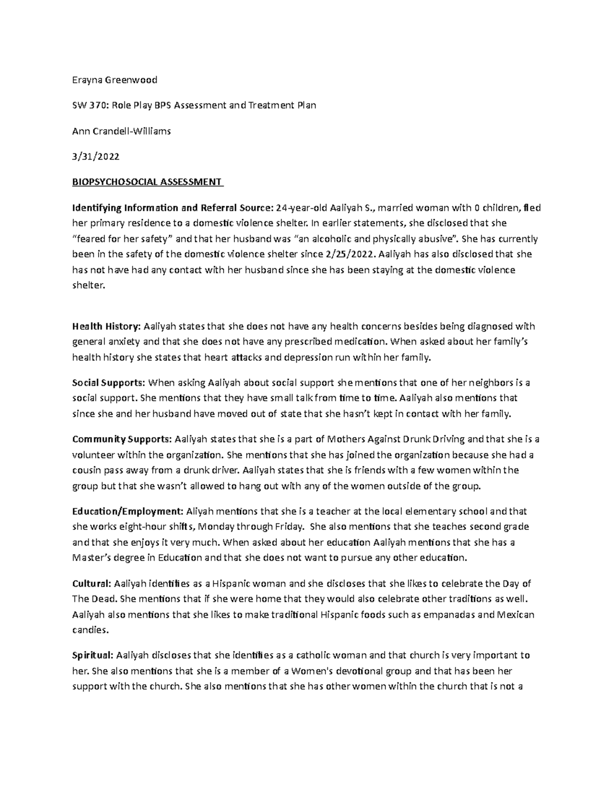 Erayna Greenwood BPS Assessment and Treatment Plan - Erayna Greenwood ...