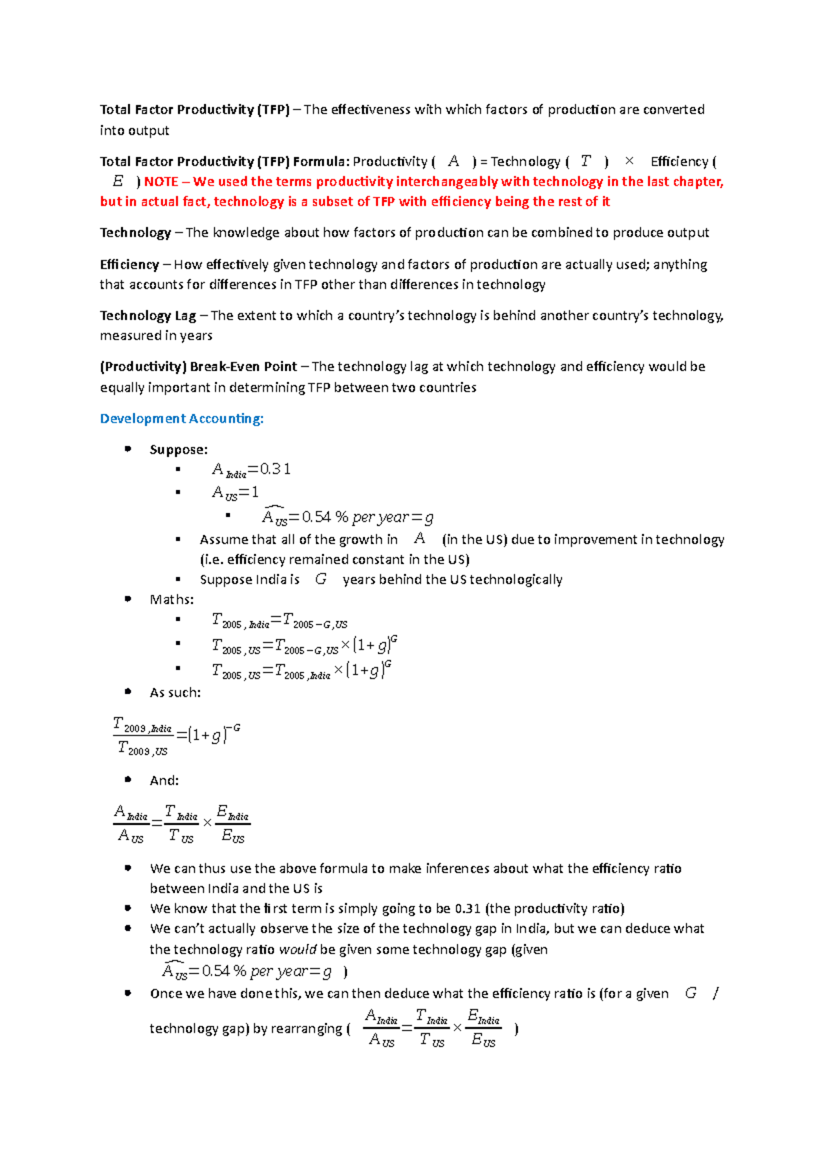 Economics of Growth Lecture 7 Notes - Total Factor Productivity (TFP ...