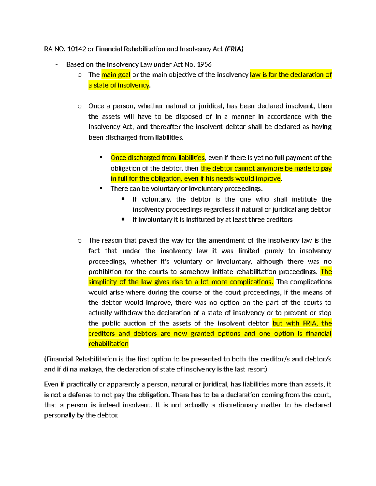 FRIA - RA NO. 10142 or Financial Rehabilitation and Insolvency Act ...