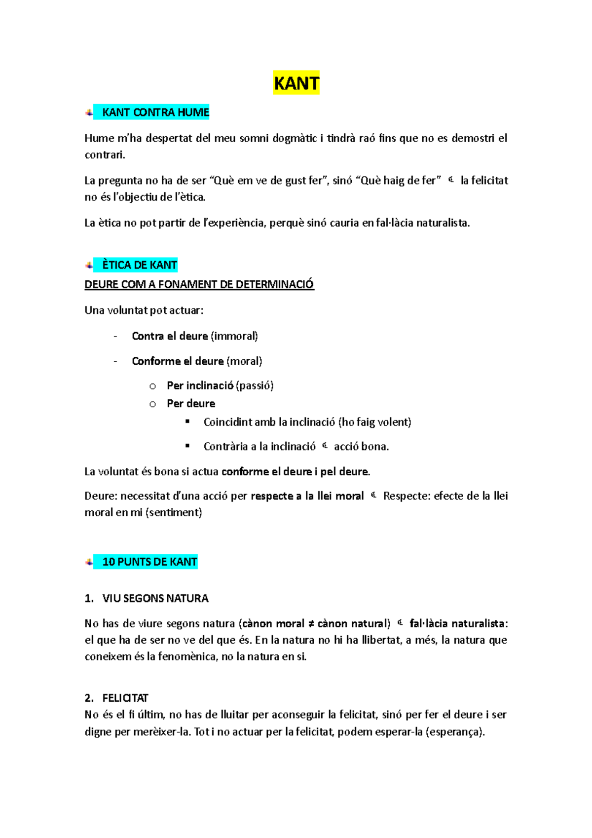 KANT - Apunts batxillerat - KANT KANT CONTRA HUME Hume m’ha despertat del meu somni dogmàtic i ...