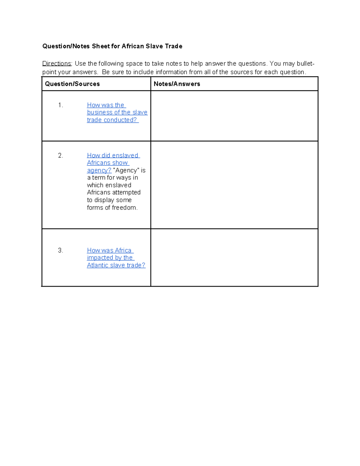 Copy of African Slave Trade - Question/Notes Sheet for African Slave ...