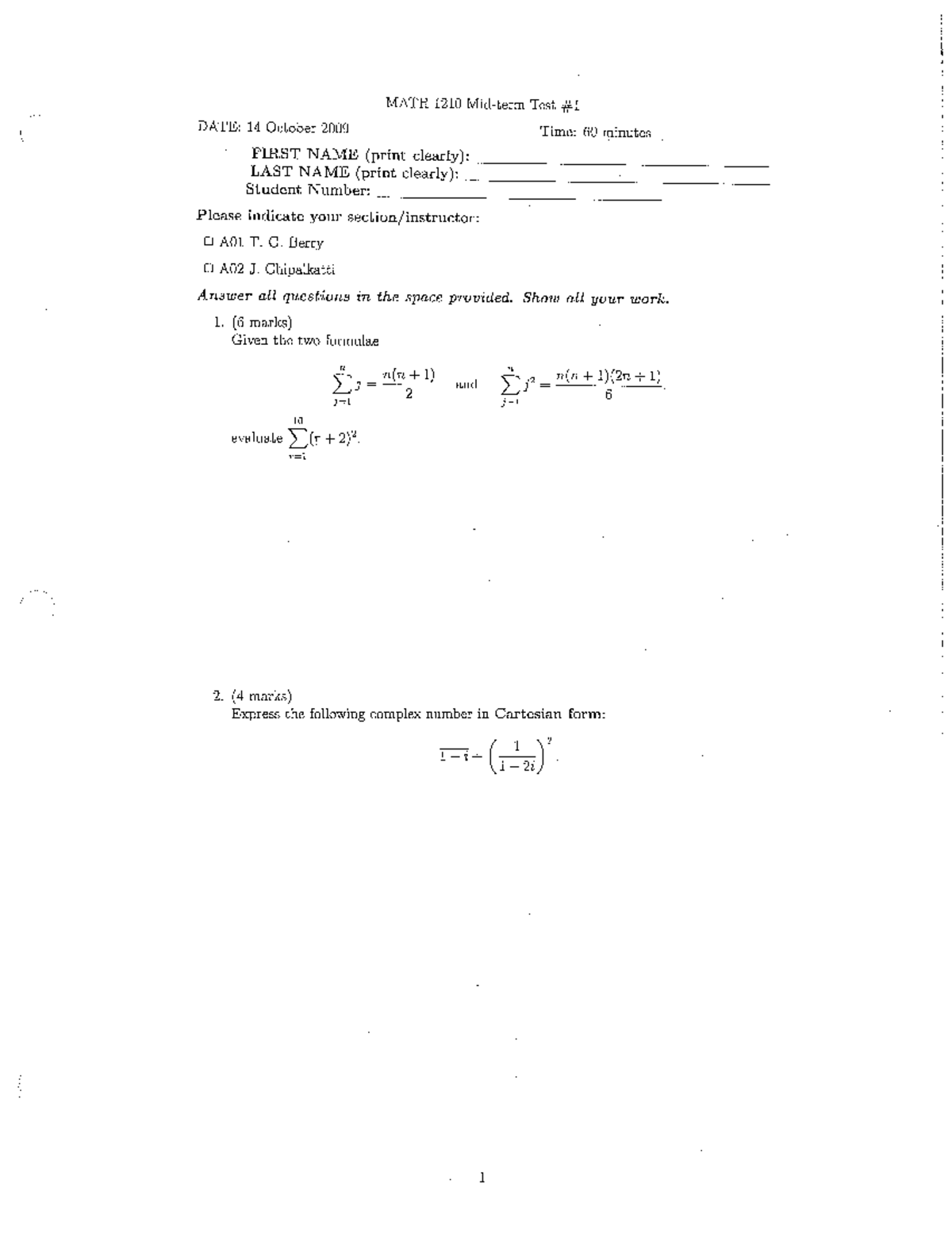 Sample/practice exam 14 October 2009, questions - midterm test 1 - MATH ...