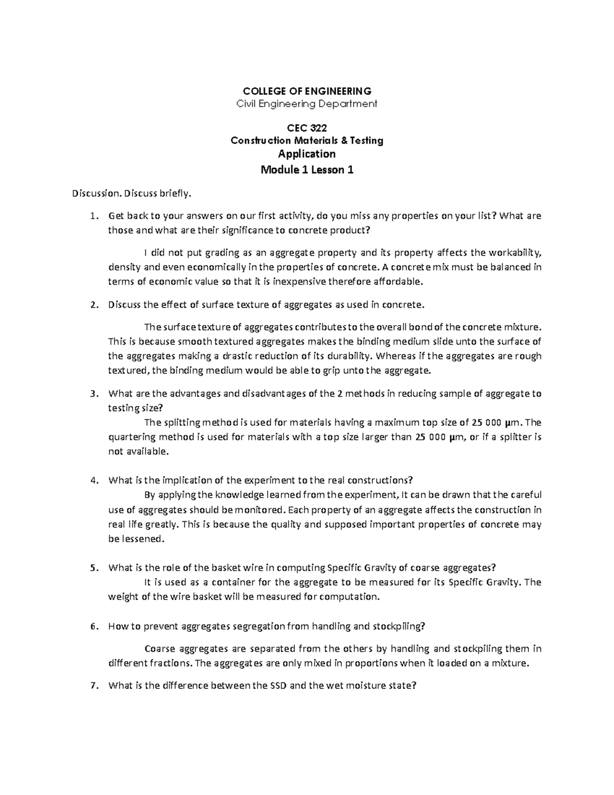 CEC322 Module 1Application 1 - COLLEGE OF ENGINEERING Civil Engineering Department CEC 322 - Studocu