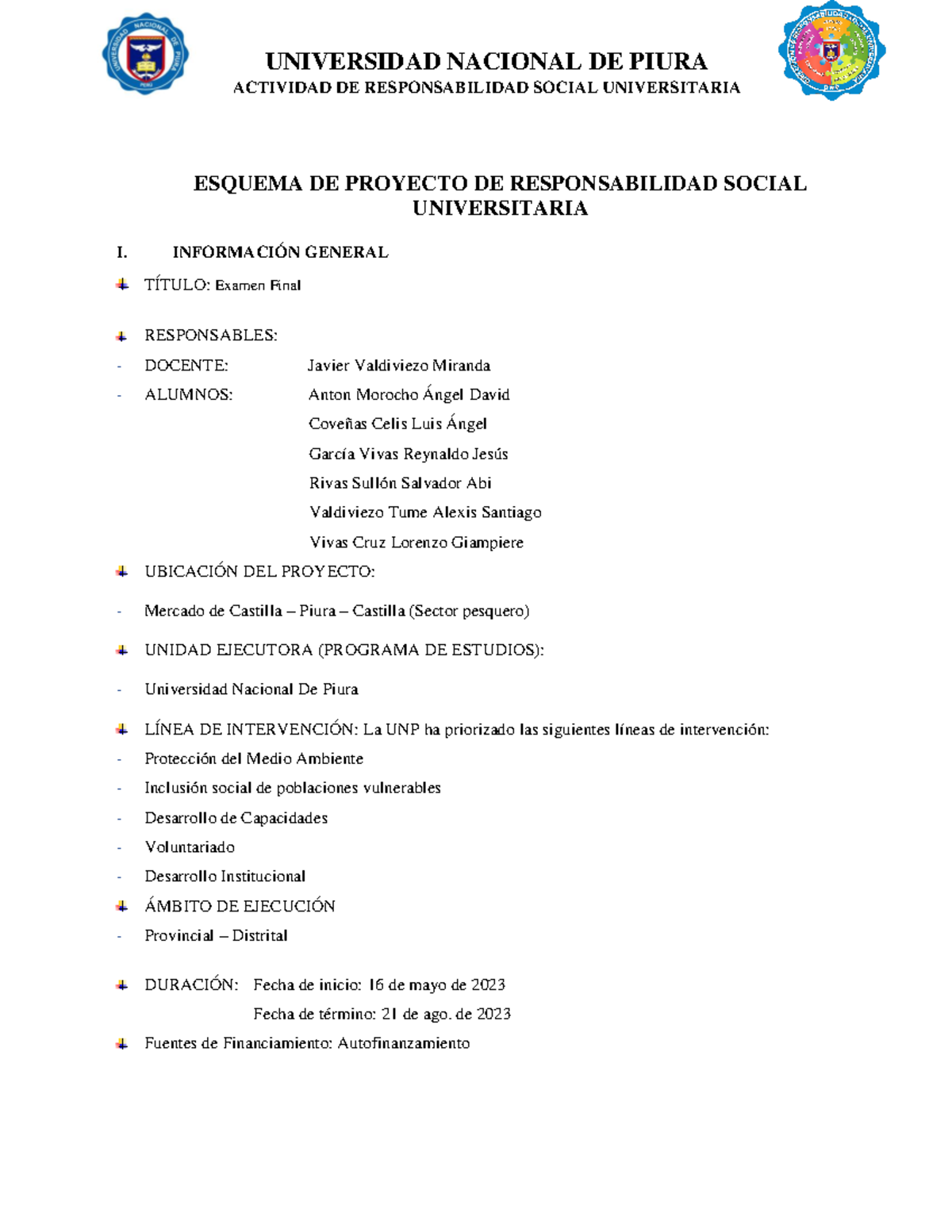 Informe Final De Actividad Responsabilidad - ESQUEMA DE PROYECTO DE RESPONSABILIDAD SOCIAL - Studocu