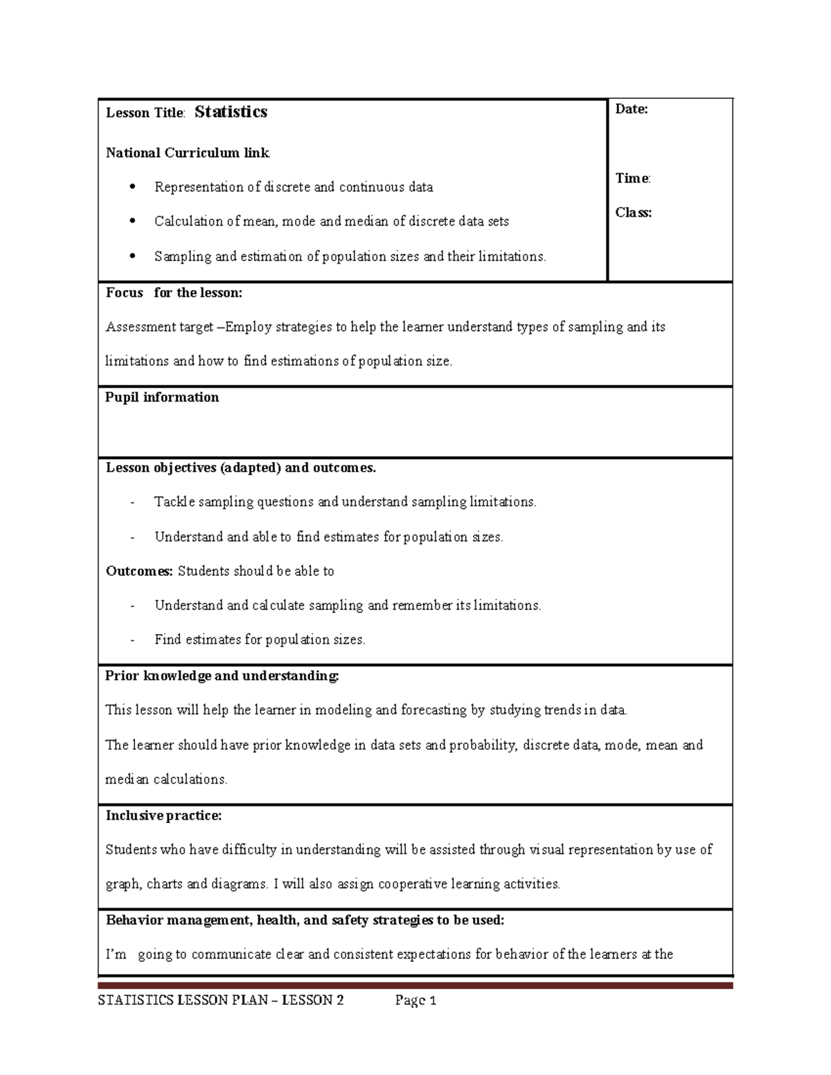 Lesson plan TWO on statistics - Lesson Title: Statistics National ...