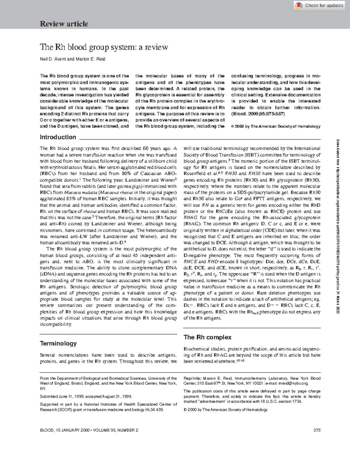 Assigned Reading - RH Group - Review article The Rh blood group system ...