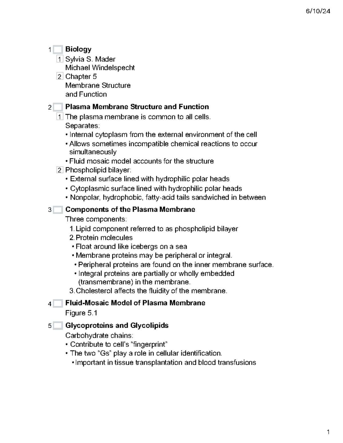 Chapter 5: Membrane Structure and Function (Notes) - 6/10/ Biology ...