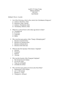 Pop Quiz 3 - practice quiz 3 - Pop Quiz 3 Islam Today Fall 2021 Which ...