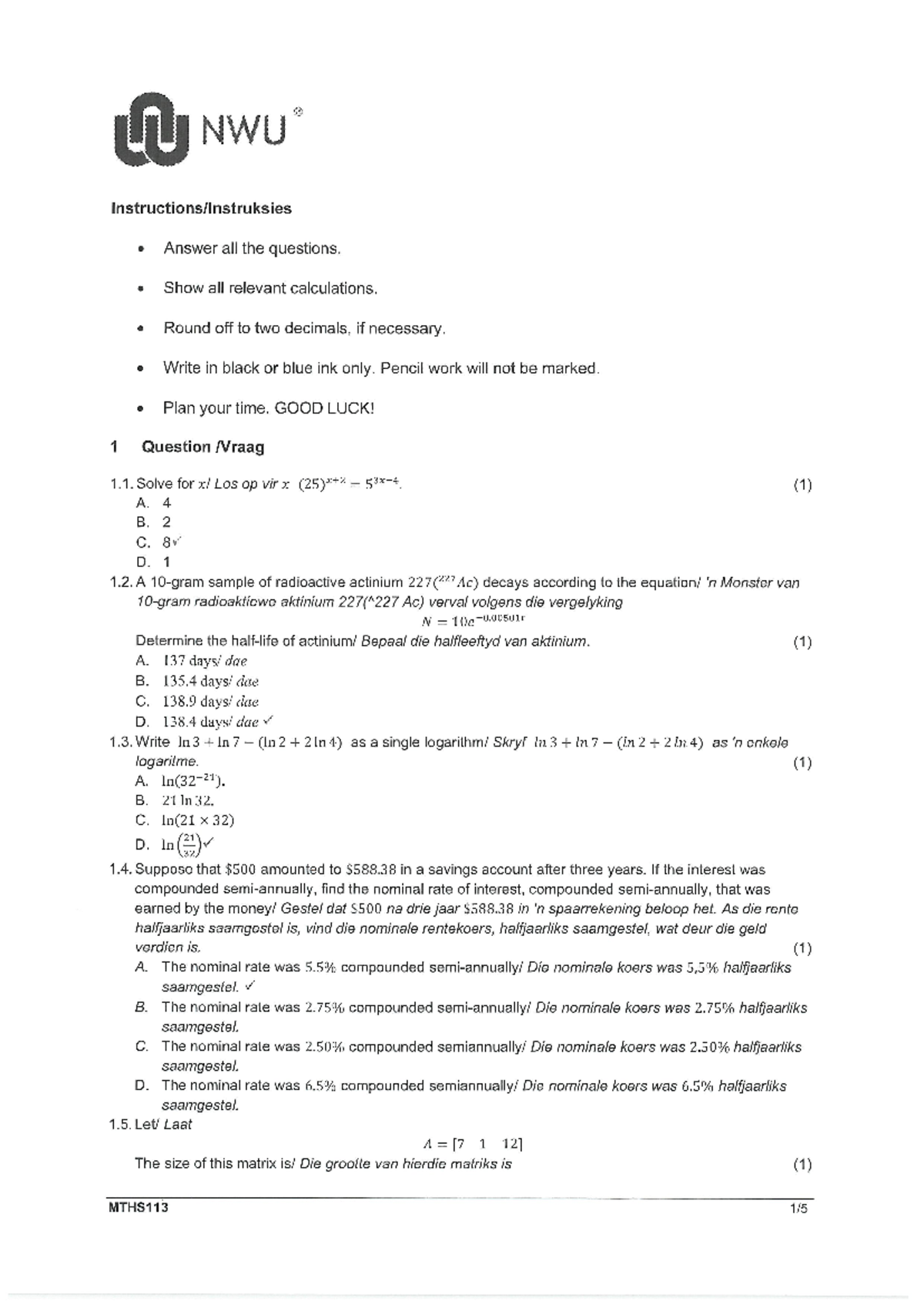 Semester Test Memo - mths 113 - Studocu