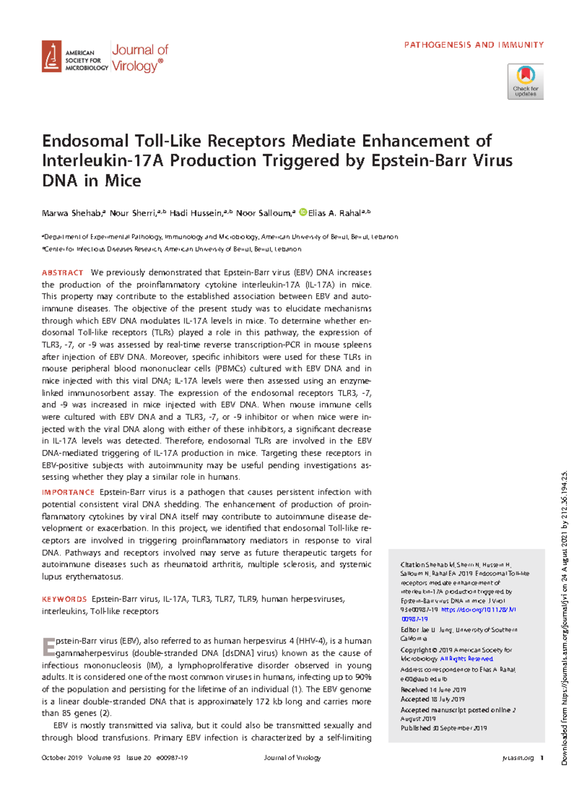 Journal of Virology 2019 - ASCI 440 - Cal Poly - Studocu