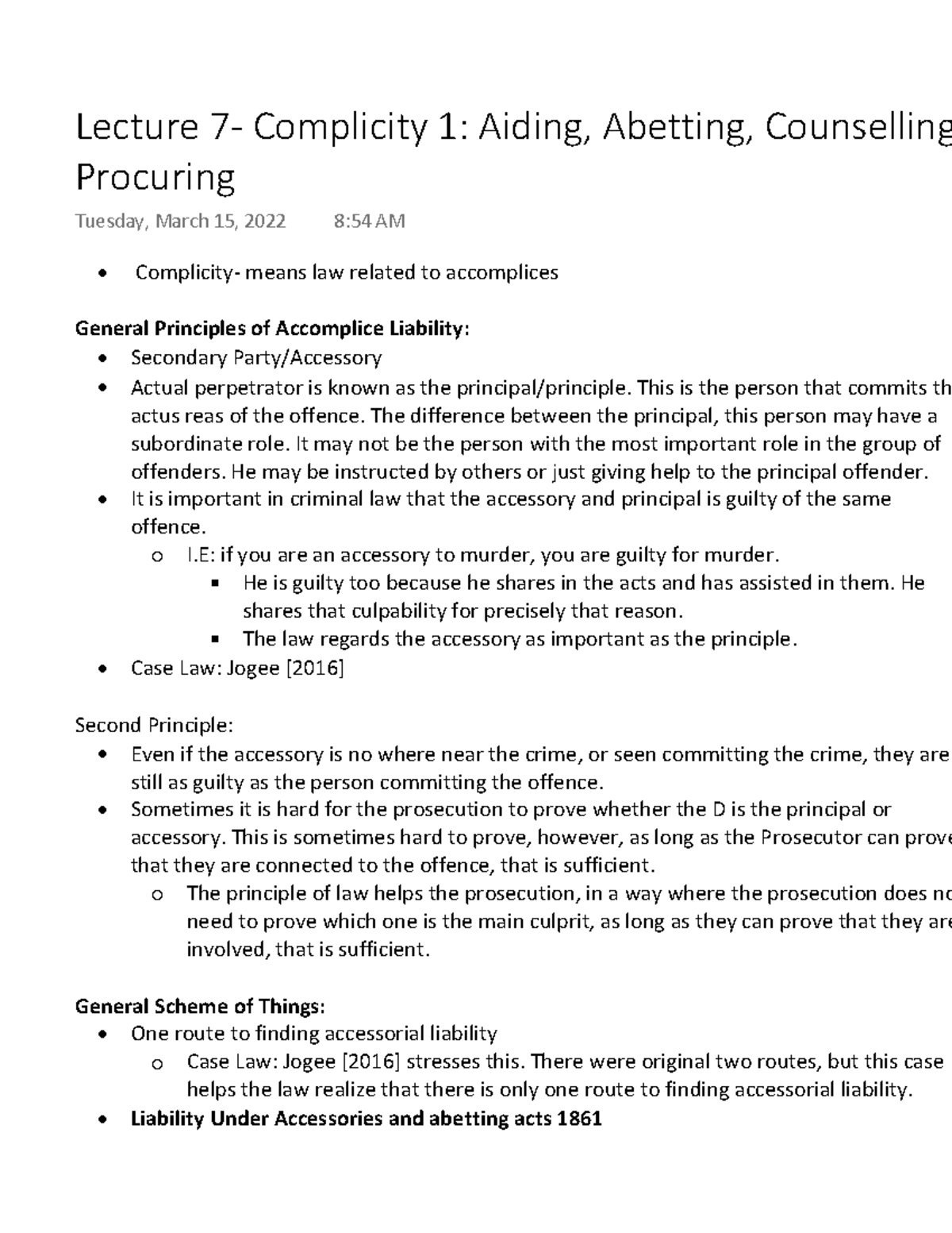 Lecture 7- Complicity 1 Aiding, Abetting, Counselling and Procuring - Complicity- means law ...