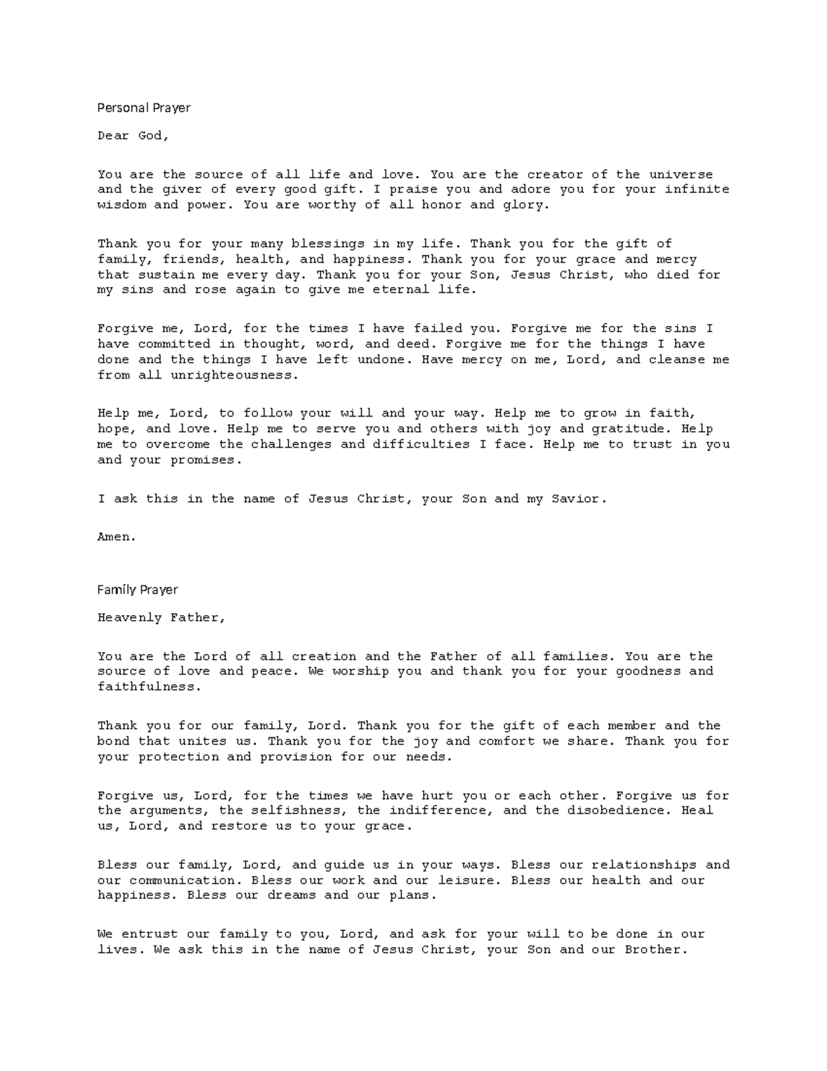 Prayer - Personal Prayer Dear God, You are the source of all life and ...