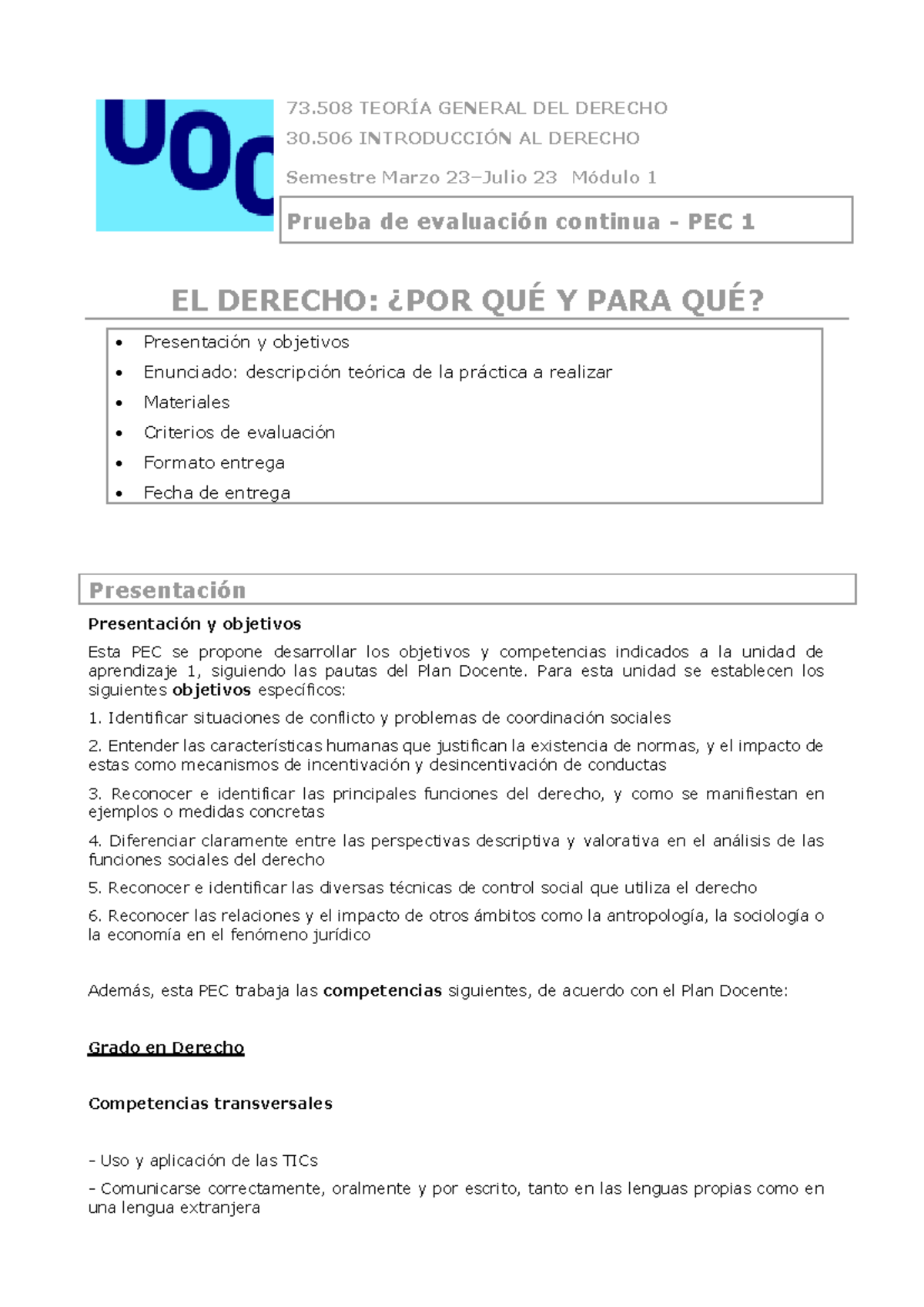 73574 PEC1Sol 20222 - Solución PEC 1 - 73 TEORÍA GENERAL DEL DERECHO 30 INTRODUCCIÓN AL DERECHO ...