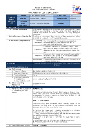 1.1 ENG 10 - Lesson Plan for English 10 - TUAEL HIGH SCHOOL Tuael ...