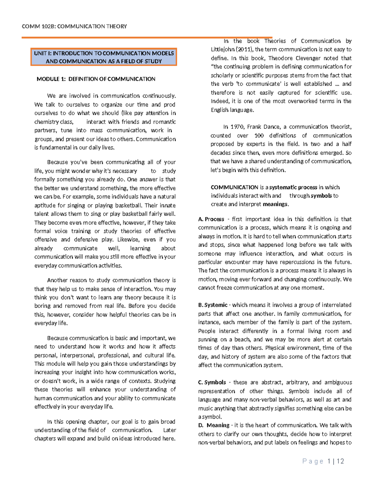 COMM- Theory- Module - Summary ISBN - International Standard Book Number - UNIT I: INTRODUCTION ...