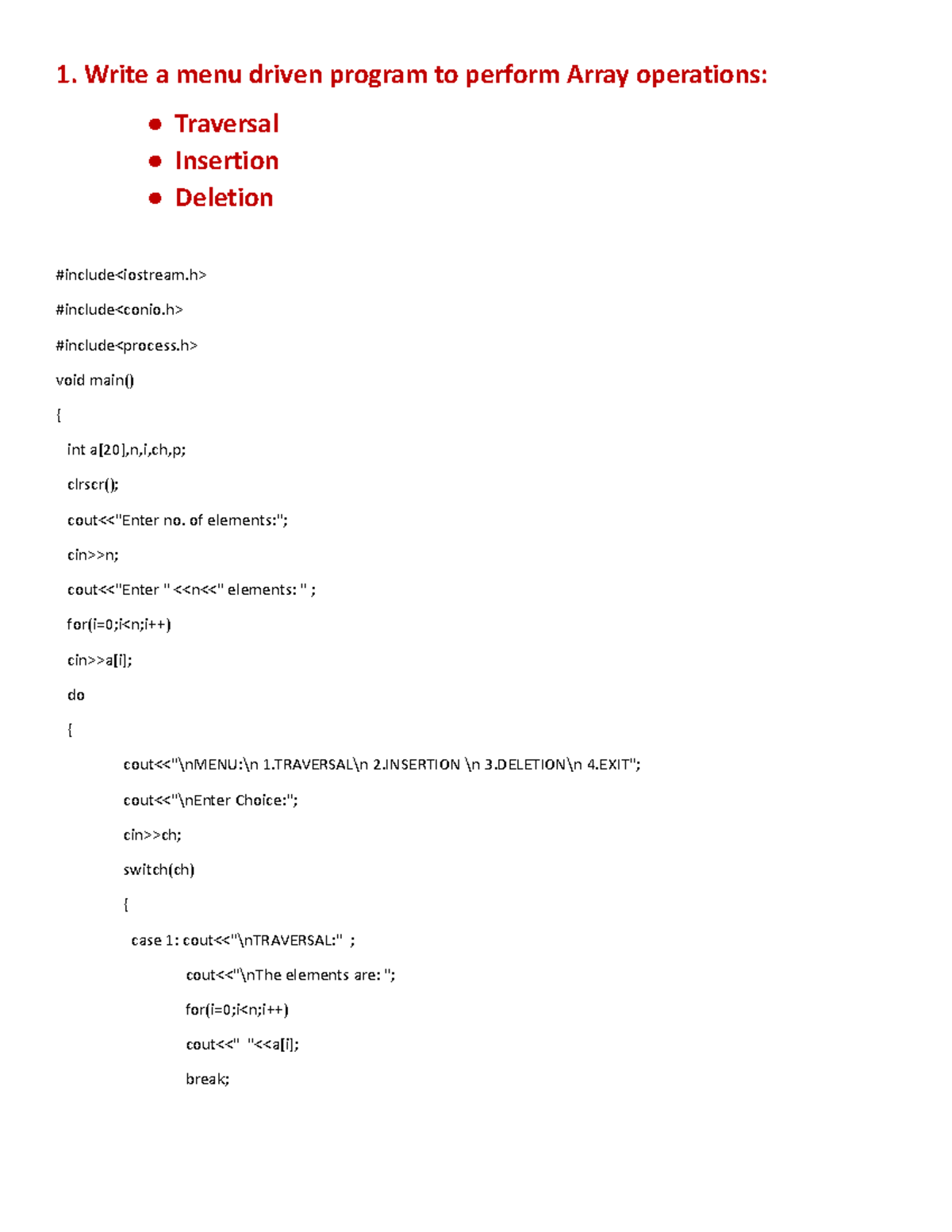 1 Array Operations Cpp Lab Notes 3rd Sem 1 Write A Menu Driven Program To Perform Array