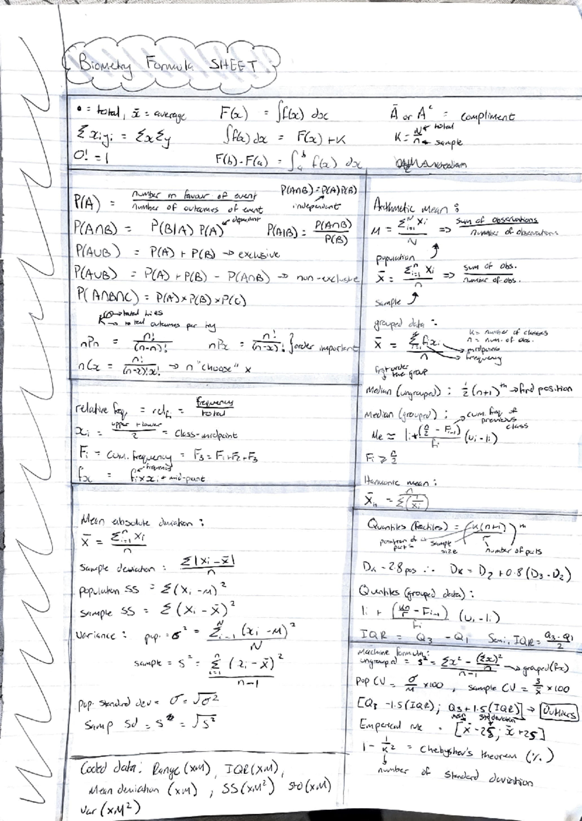 Biometry formula sheet - Fb-) = Sccx,) d.:,c SP~) Jx = F{'.'.lc) H/.- F ...
