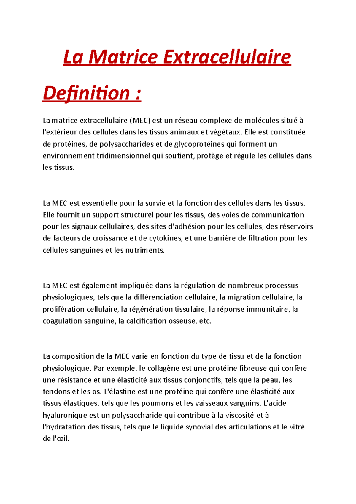 La matrice extracellulaire - Elle est constituée de protéines, de ...