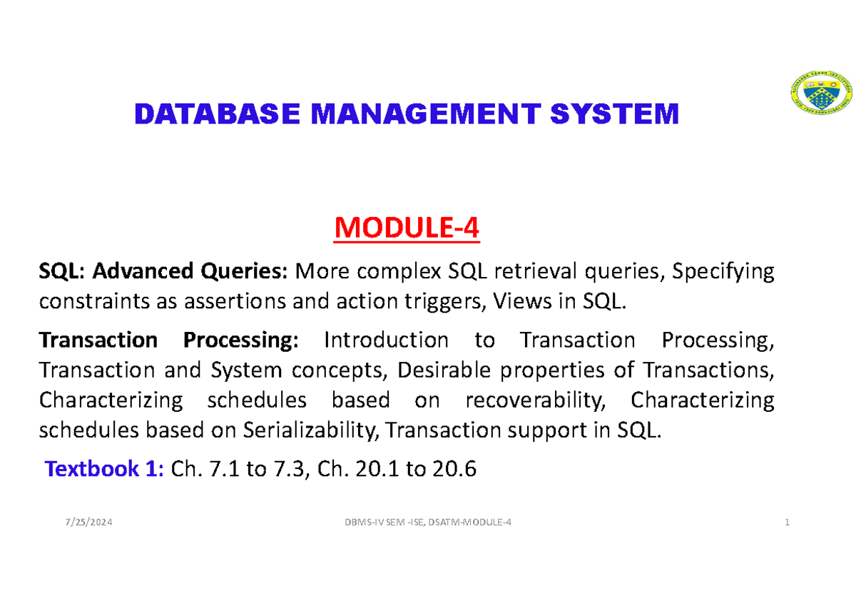 Dbms4 - dbms - MODULE- SQL: Advanced Queries: More complex SQL ...