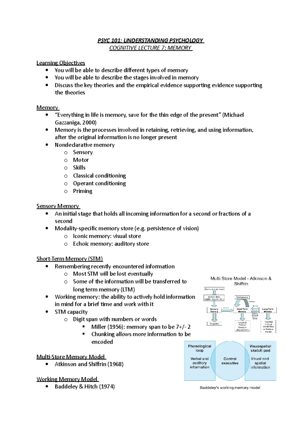 Cognitive Lecture 7 Memory Psyc 101 Understanding Psychology Cognitive Lecture 7 Memory