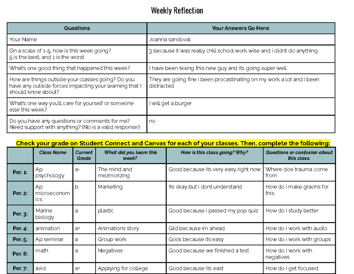 - Weekly Reflection 23-24-3 - Weekly Reflection Questions Your Answers ...