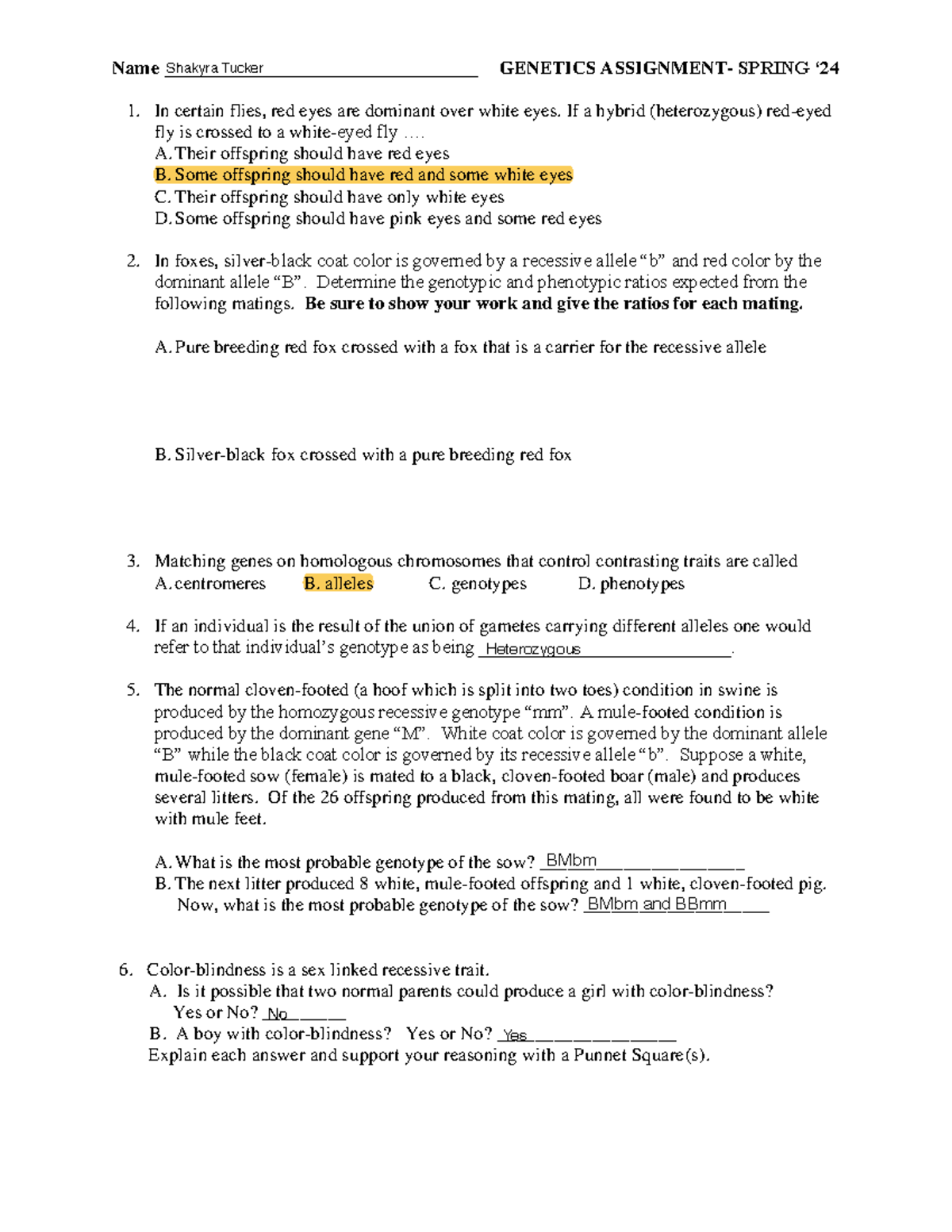 Assignment #2 Genetics assignment for DNA class Spring 24 - Name
