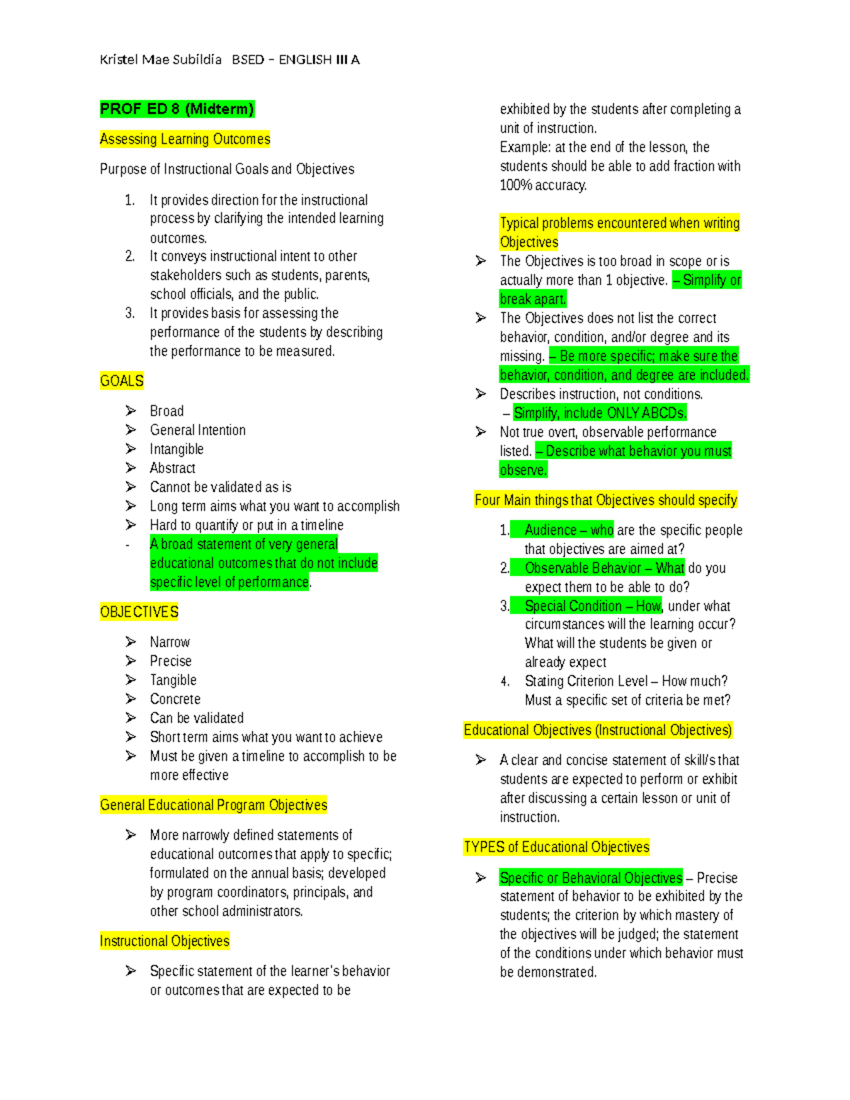 PROF ED 8 midterm - Summary - PROF ED 8 (Midterm) Assessing Learning Outcomes Purpose of - Studocu