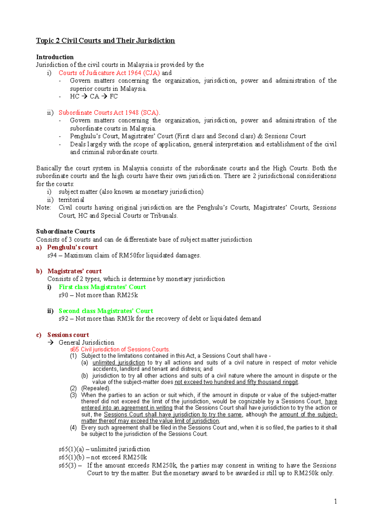 Topic Civil procedure I - Topic 2 Civil Courts and Their Jurisdiction ...