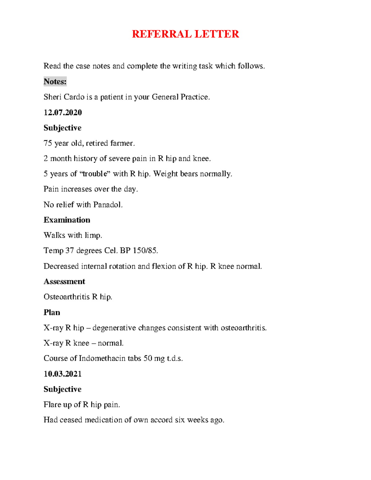 Referral letter sample - REFERRAL LETTER Read the case notes and ...