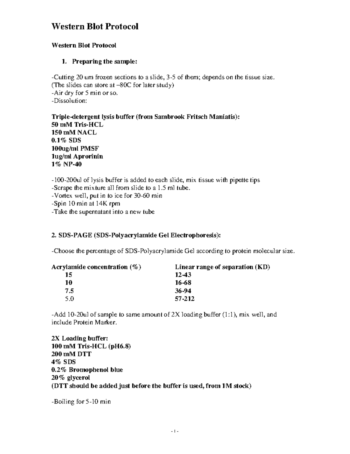 Western Blot Protocol for detection Protein - Western Blot Protocol 1 ...