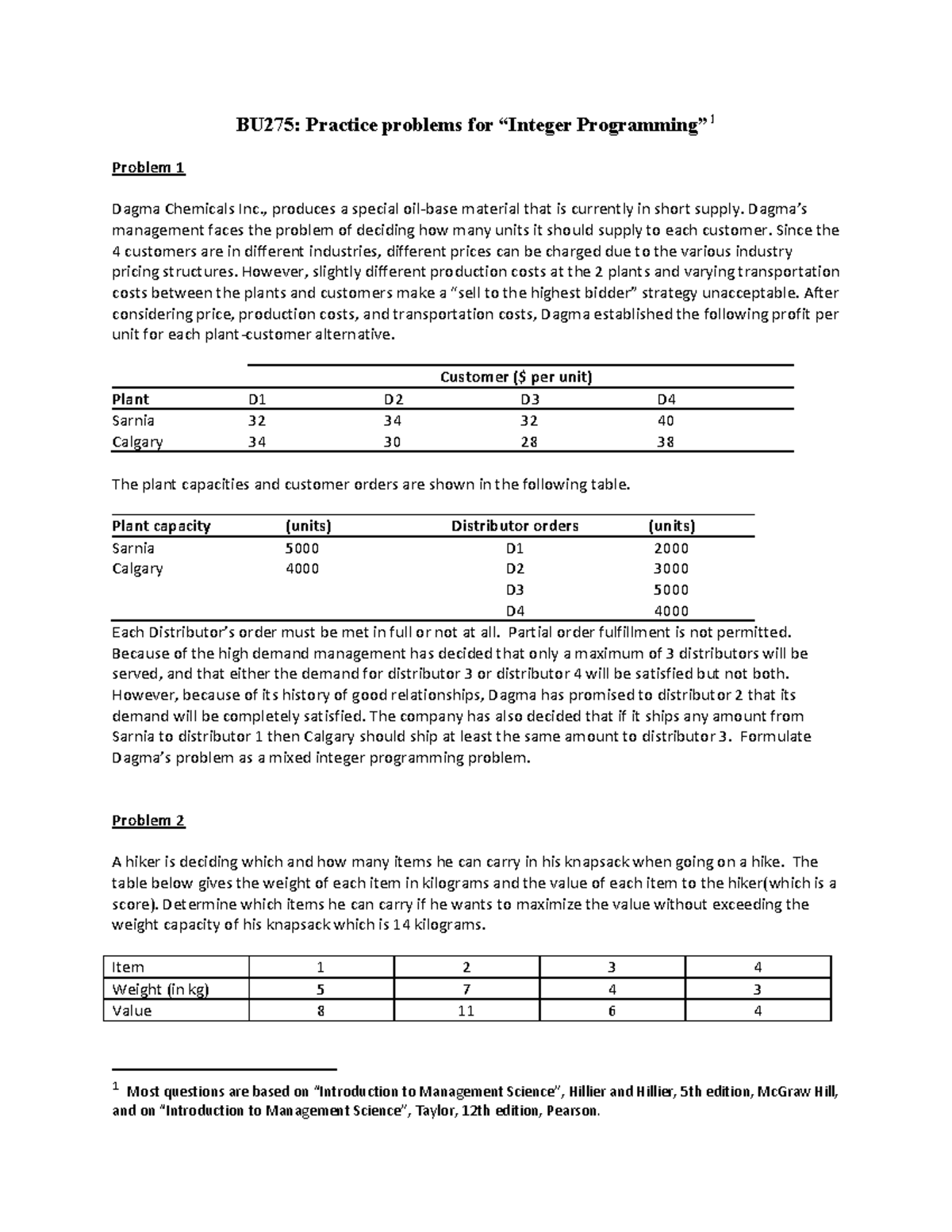 Problems Integer Programming - BU275: Practice problems for
