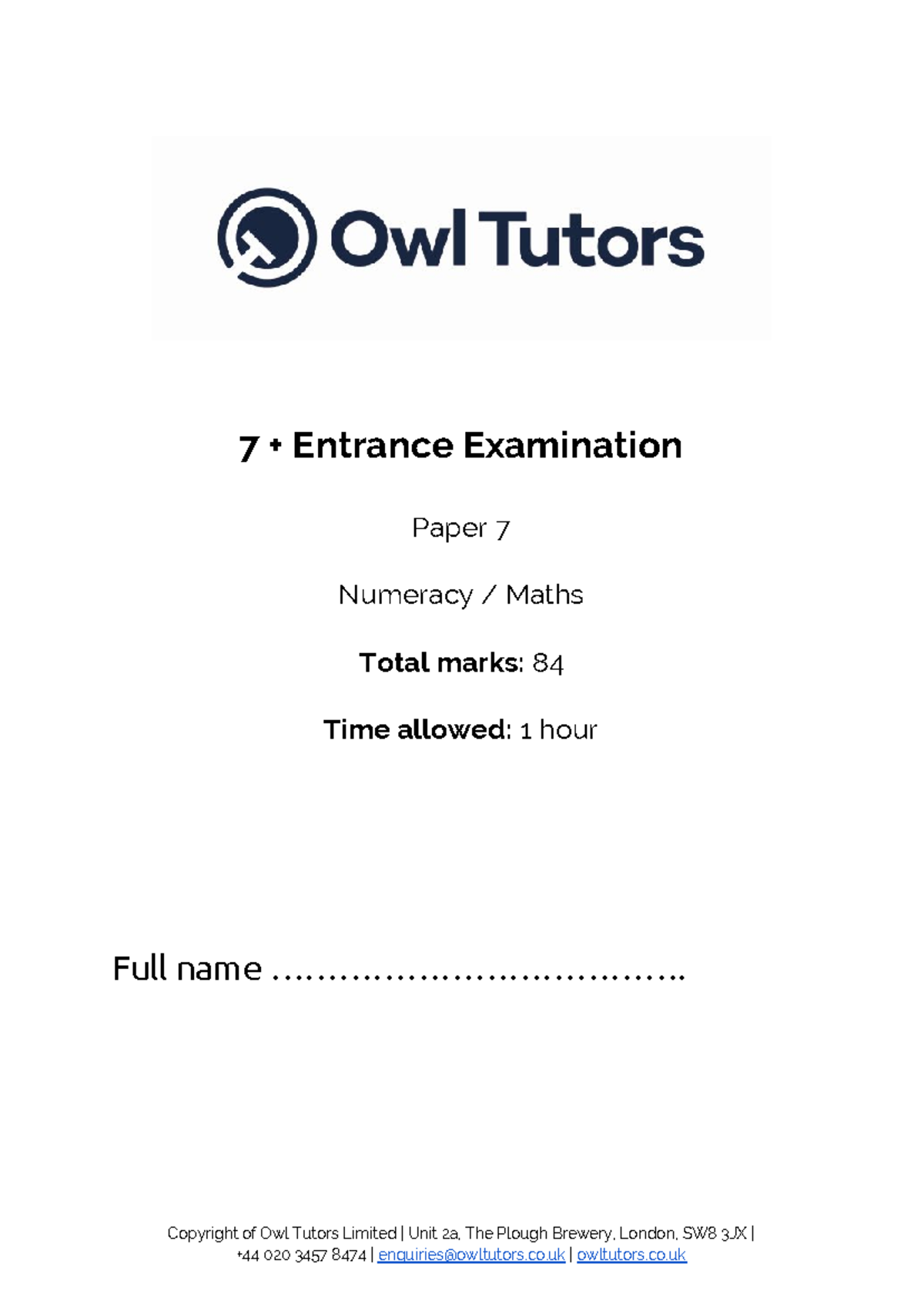 7 Plus Maths Paper 7 - 7 + Entrance Examination Paper 7 Numeracy ...