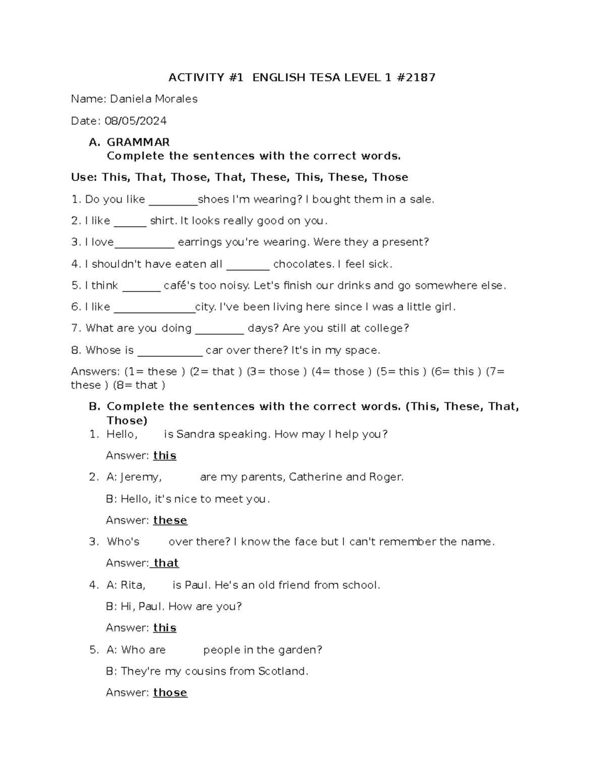 Activity 1 TESA English Level 1 2187 - ACTIVITY #1 ENGLISH TESA LEVEL 1 ...