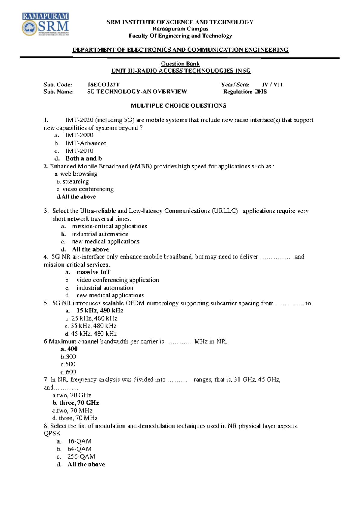 Qb unit 3 - question bank - SRM INSTITUTE OF SCIENCE AND TECHNOLOGY ...