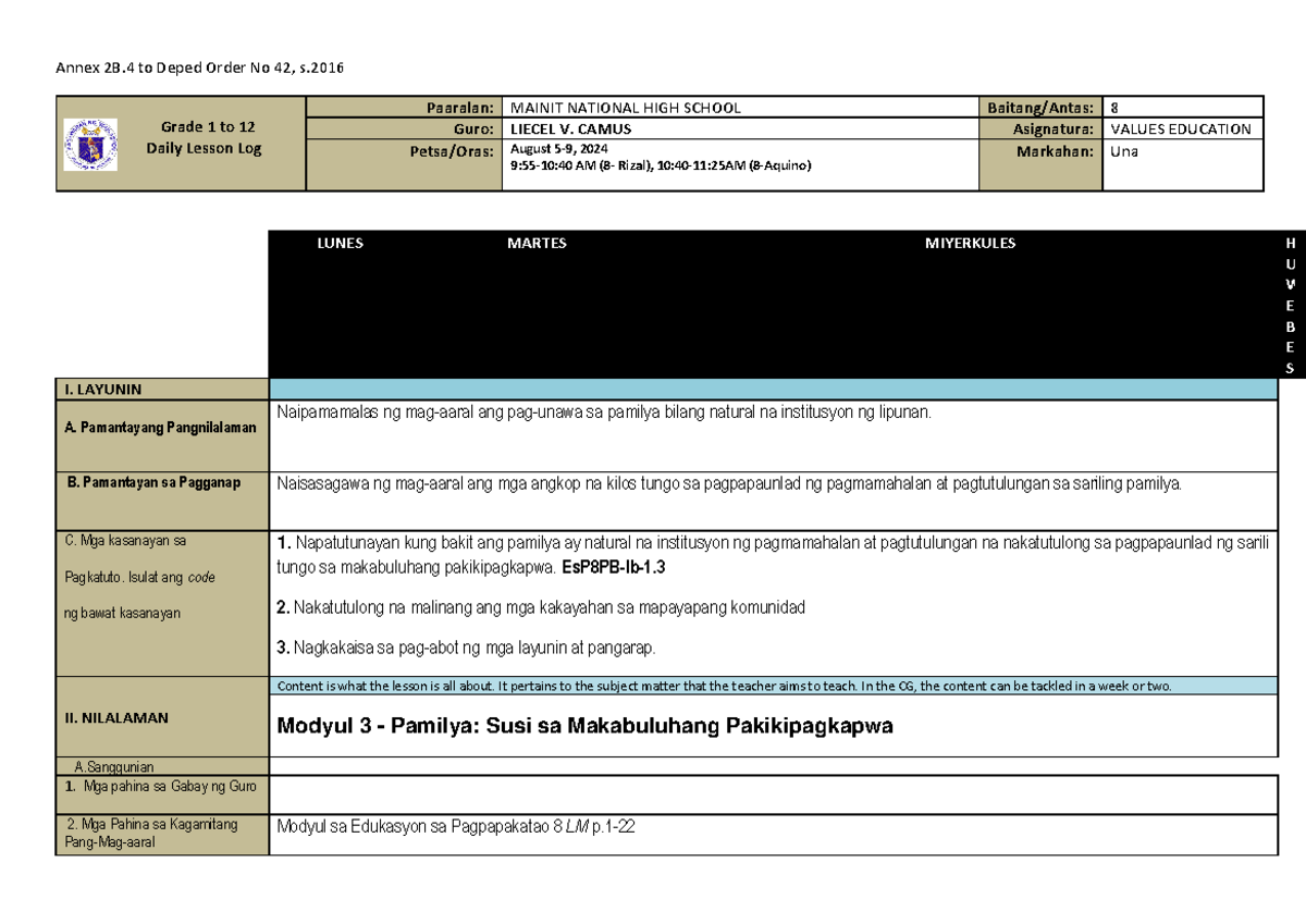 VAL ED 8 Q1 Week 2 - Edukasyon sa Pagpapakatao - Annex 2B to Deped Order No 42, s. Grade 1 to 12 ...