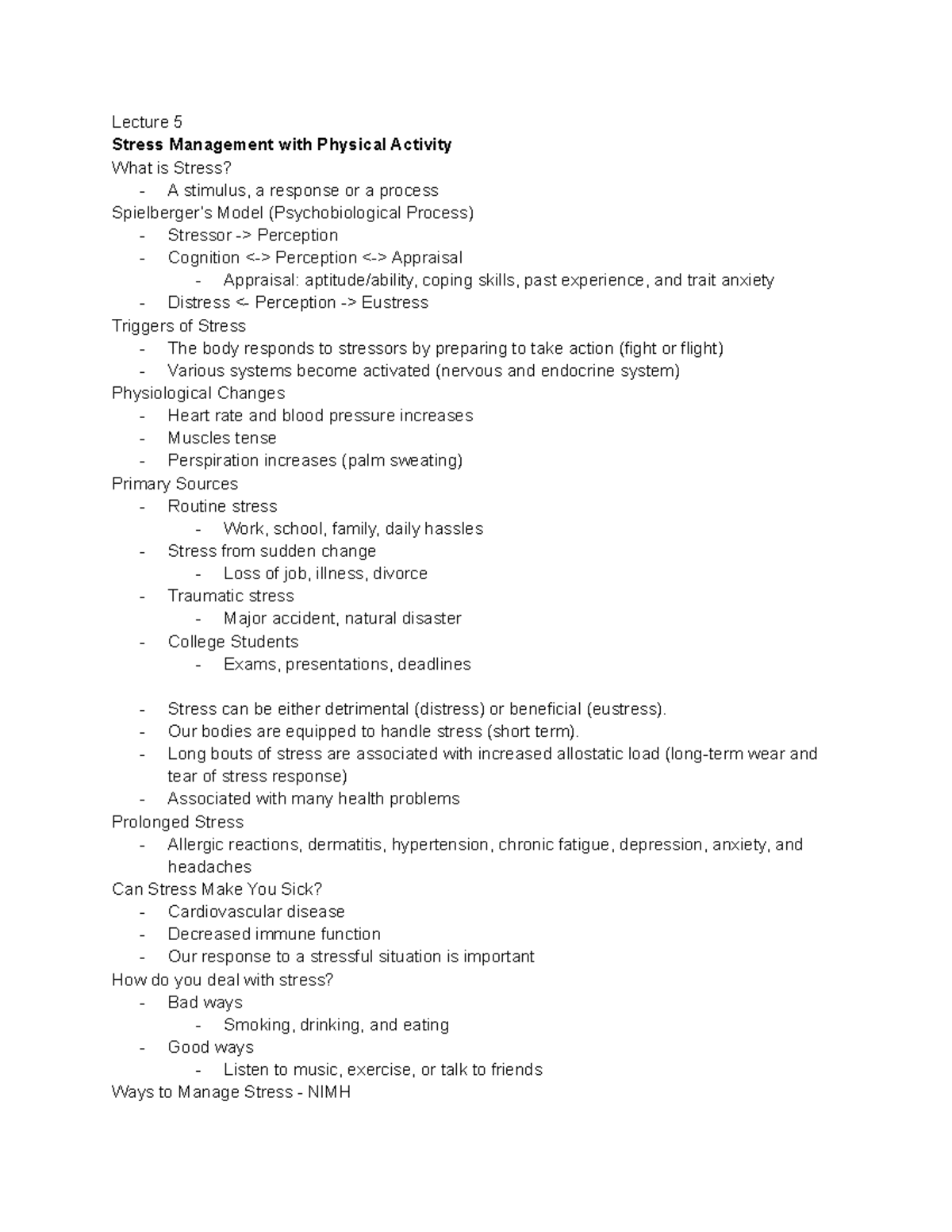 Lecture Notes 10/24 - Lecture 5 Stress Management with Physical ...