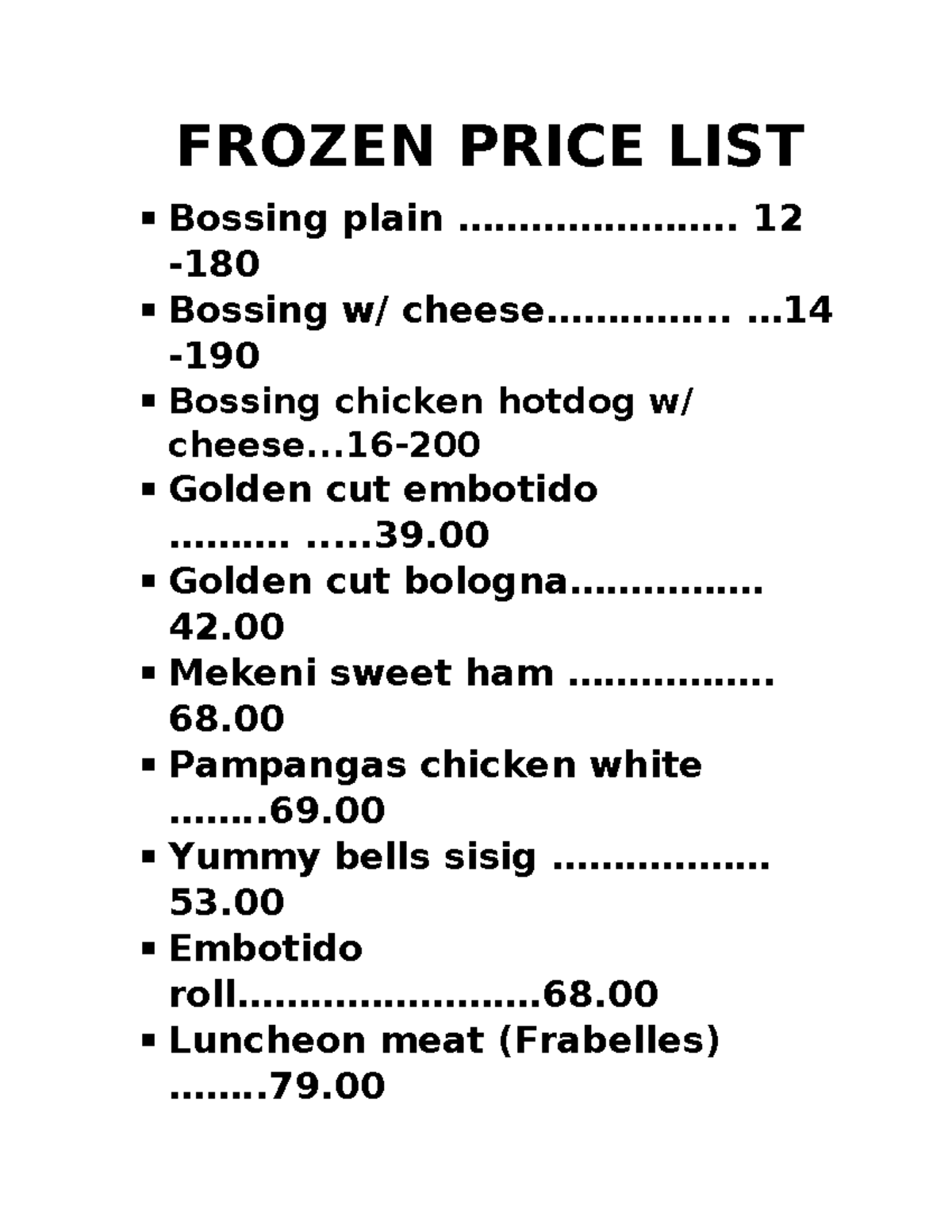 Frozen Price LIST - pricing - FROZEN PRICE LIST Bossing plain ...