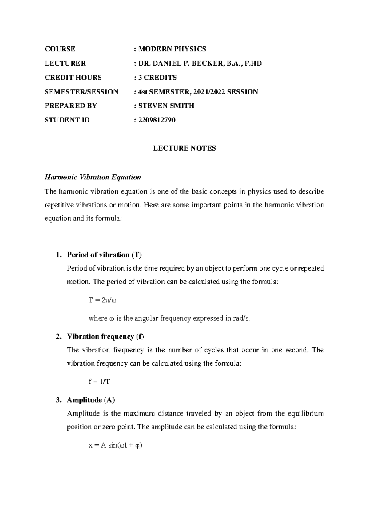 Lecture Notes Harmonic Vibration Equation Modern Physics - COURSE ...