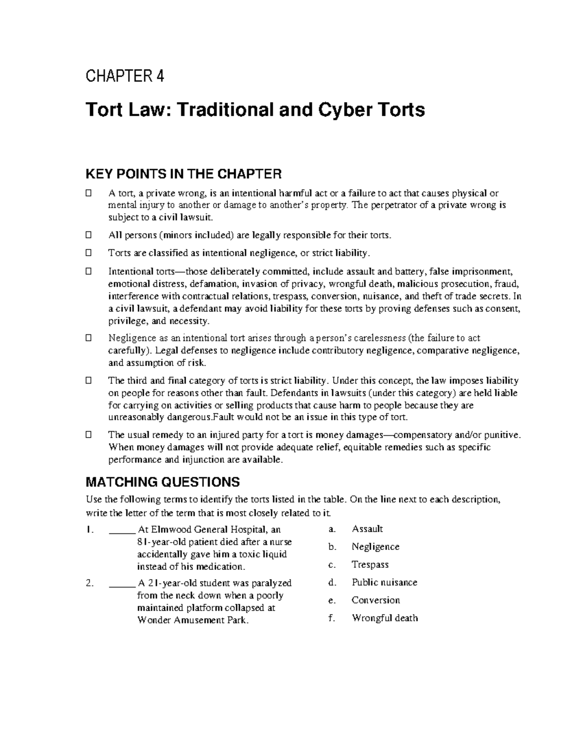 Ch04 Tort Law Traditional and Cyber Torts - CHAPTER 4 Tort Law ...
