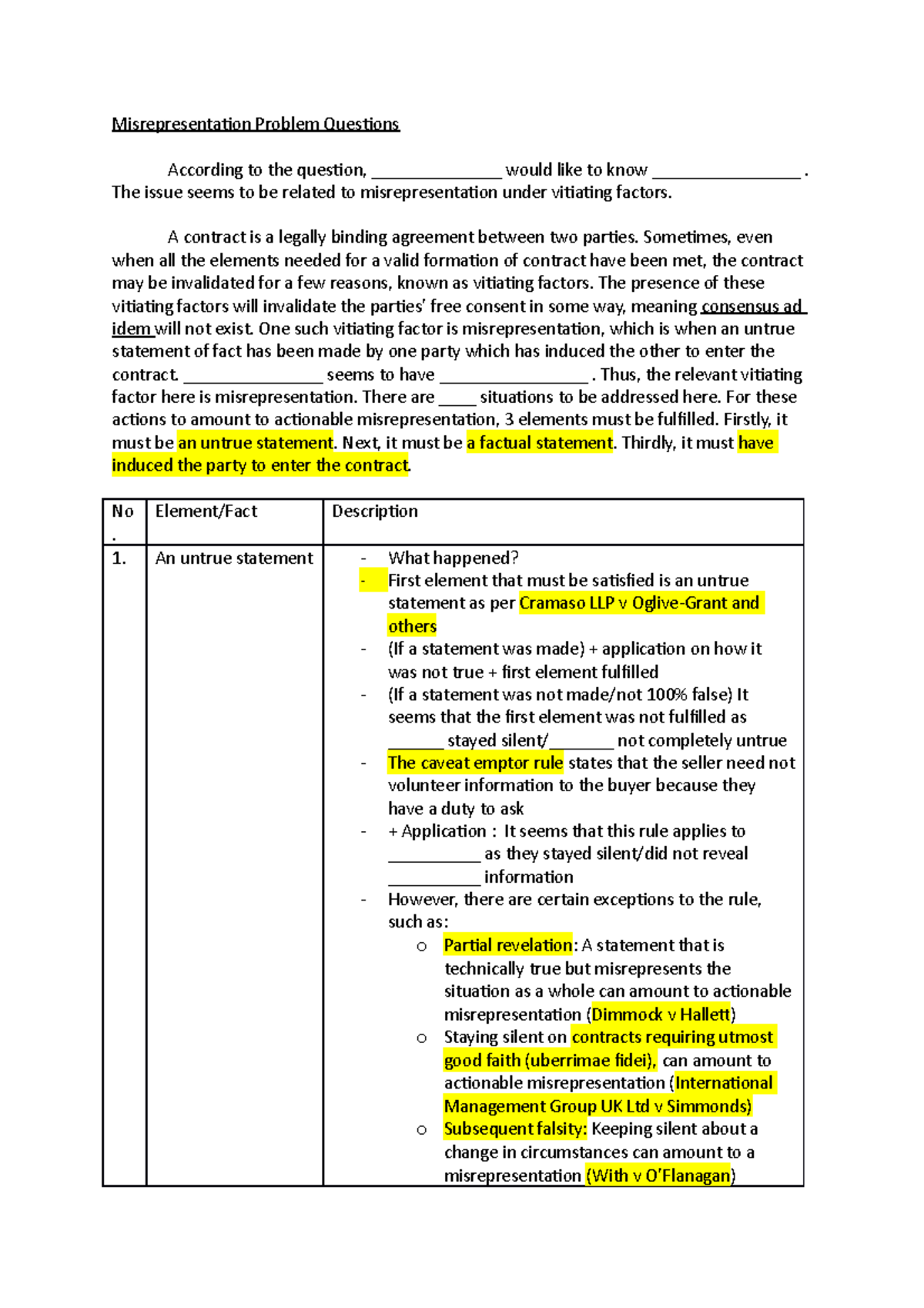 Misrepresentation notes - Misrepresentation Problem Questions According ...