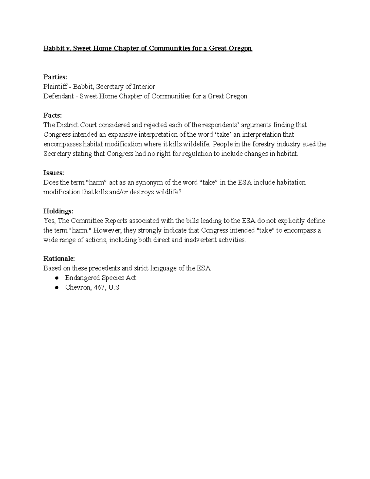 Babbit v Sweet Home-2 - Case study. - Babbit v. Sweet Home Chapter of ...