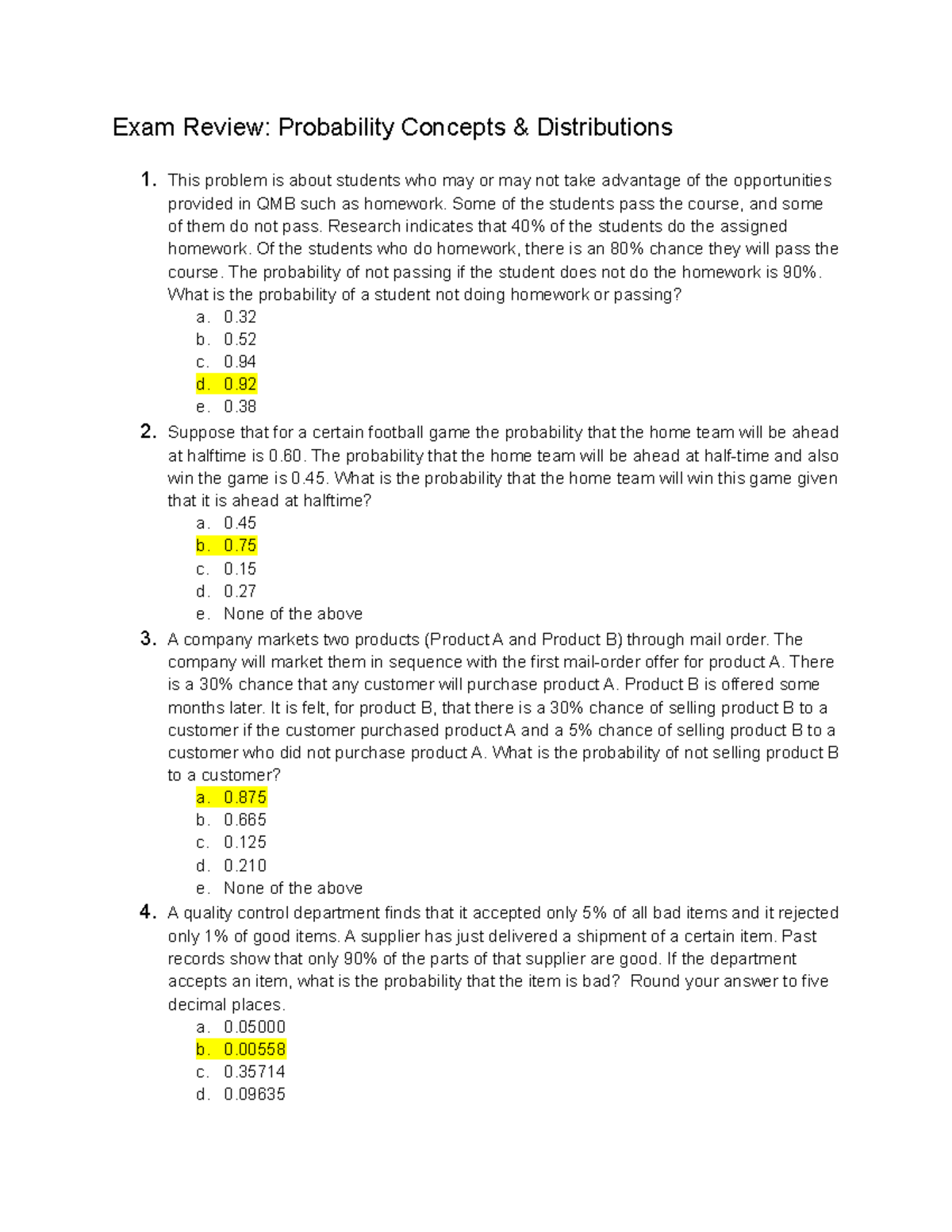 Test 1 Review - Exam Review: Probability Concepts & Distributions 1 ...