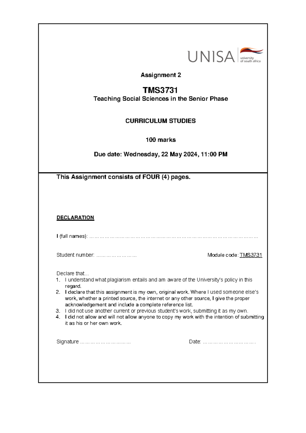 TMS3731 Assessment 2 File submission 24 - Assignment 2 TMS373 1 ...