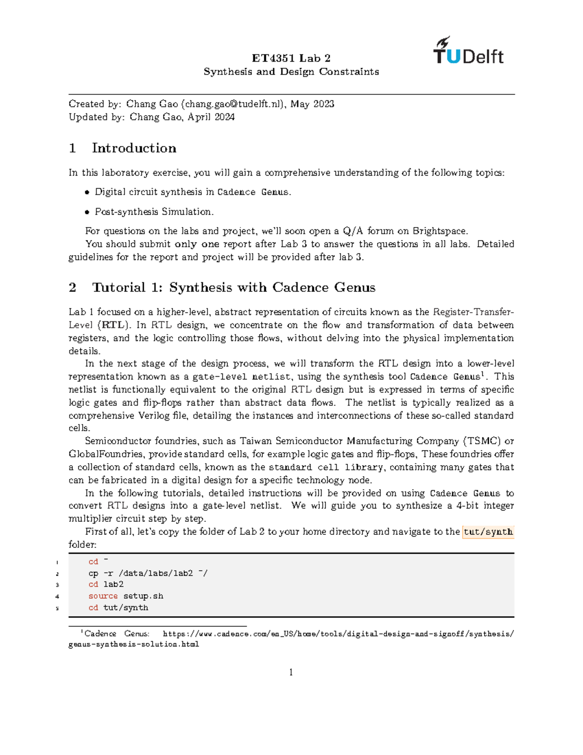 ET4351 Lab02 2024 - ET4351 Lab 2 Synthesis and Design Constraints Created by: Chang Gao ...