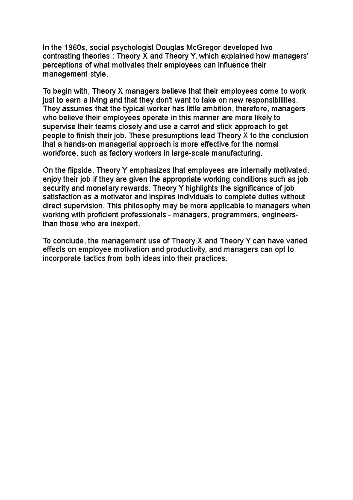 Theory X an Y summary - In the 1960s, social psychologist Douglas ...